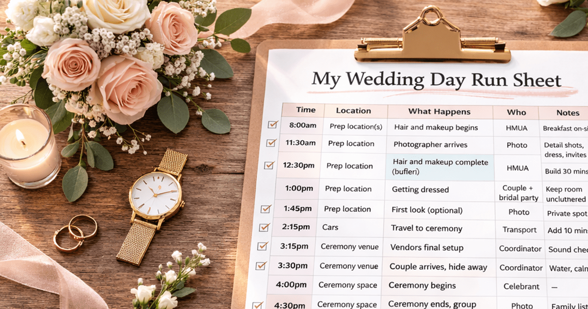 Wedding Day Run Sheet Template + Example Timeline (Printable)